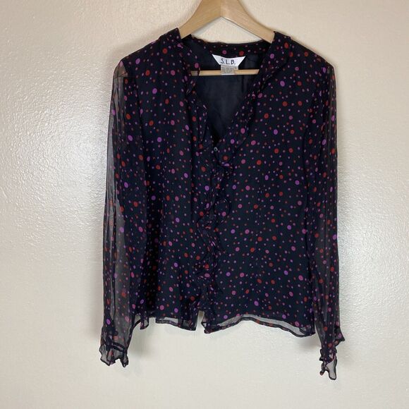 SLB | Tops | Slb L 0 Silk Blouse Top Polka Dot Ruffle Neck Art To Wear ...